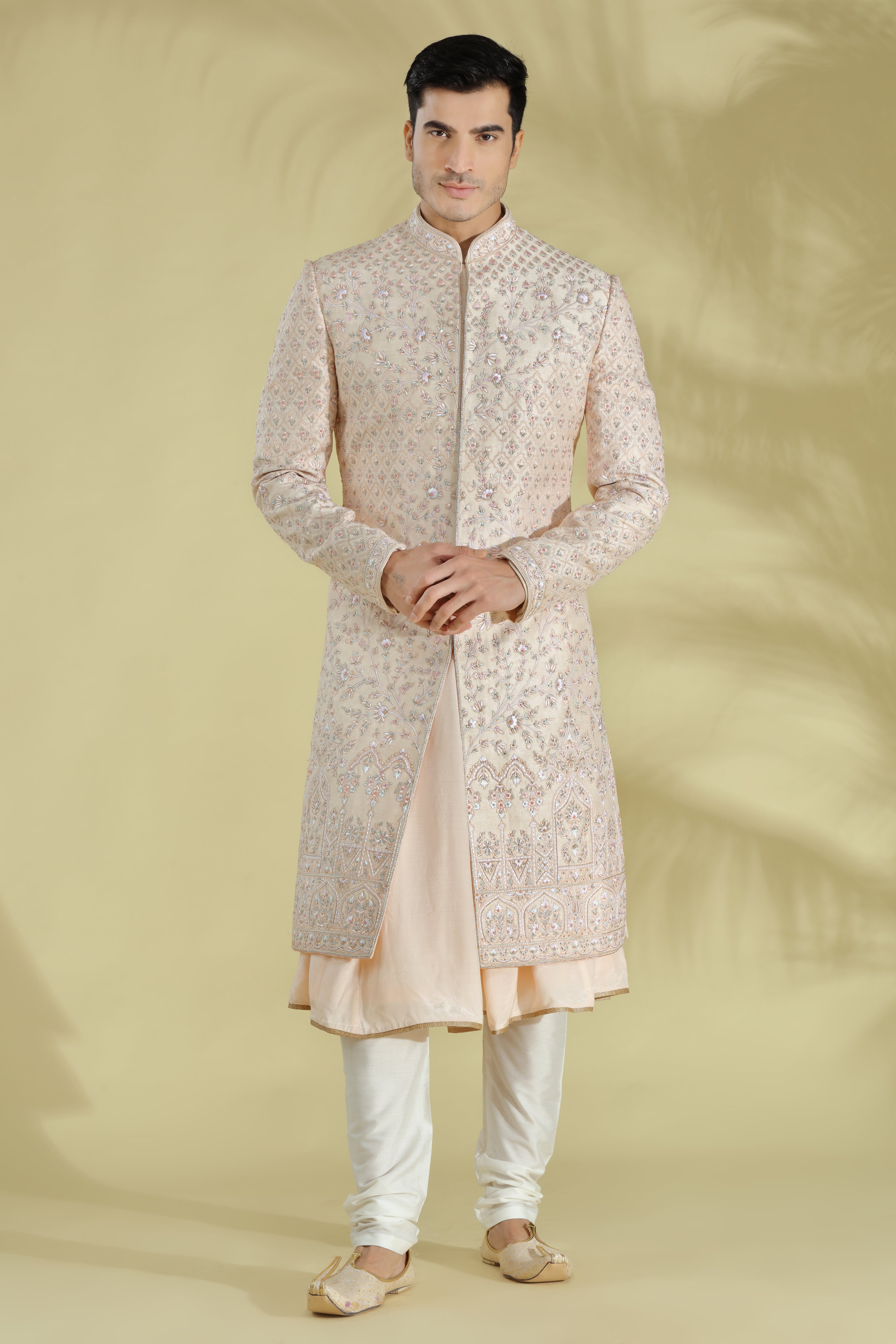 Buy Light Beige Sherwani Set With Floral Motif Online | Shreeman
