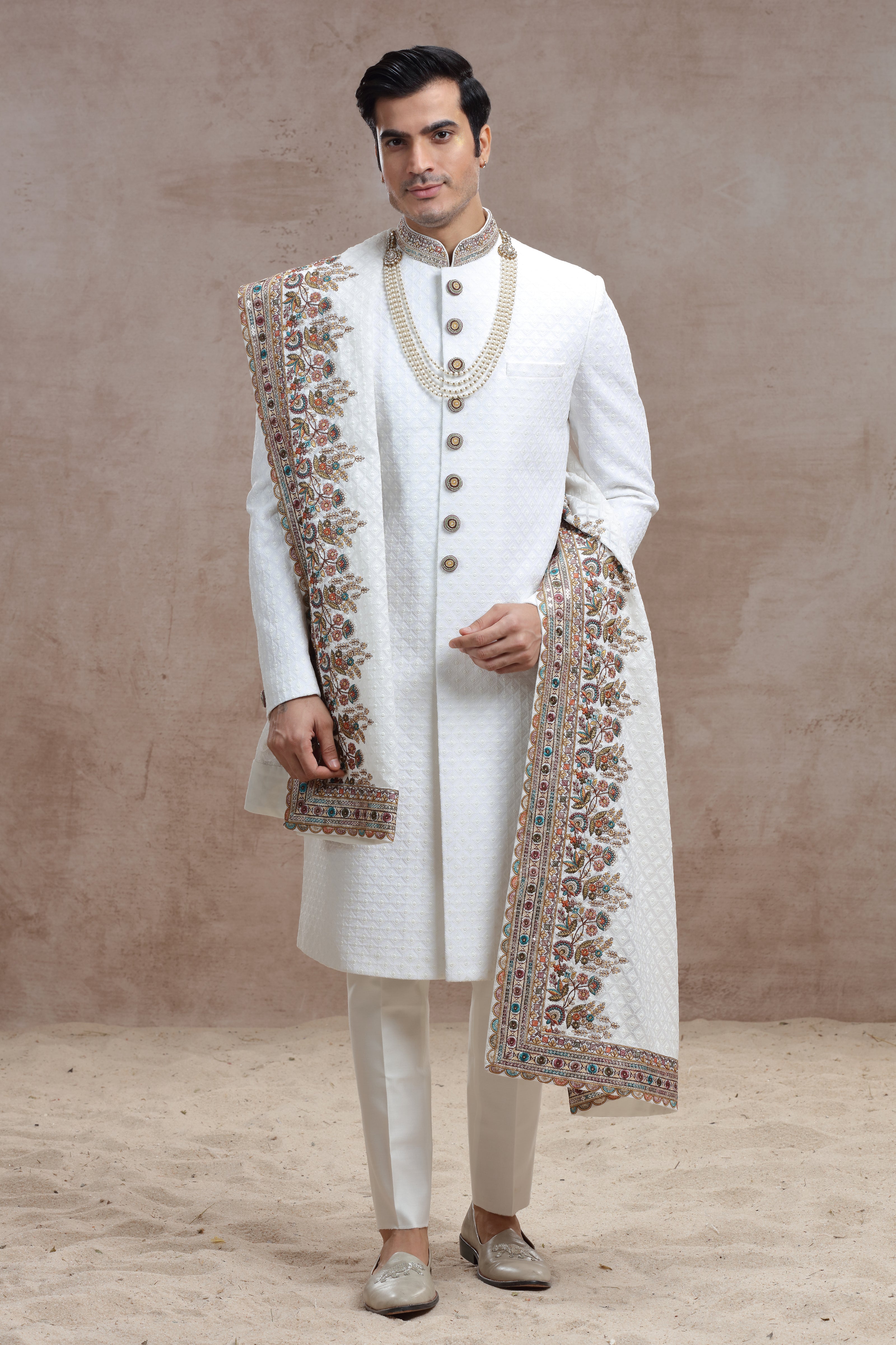 Buy White Silk Sherwani with Chikankari & Thread Work | Shreeman