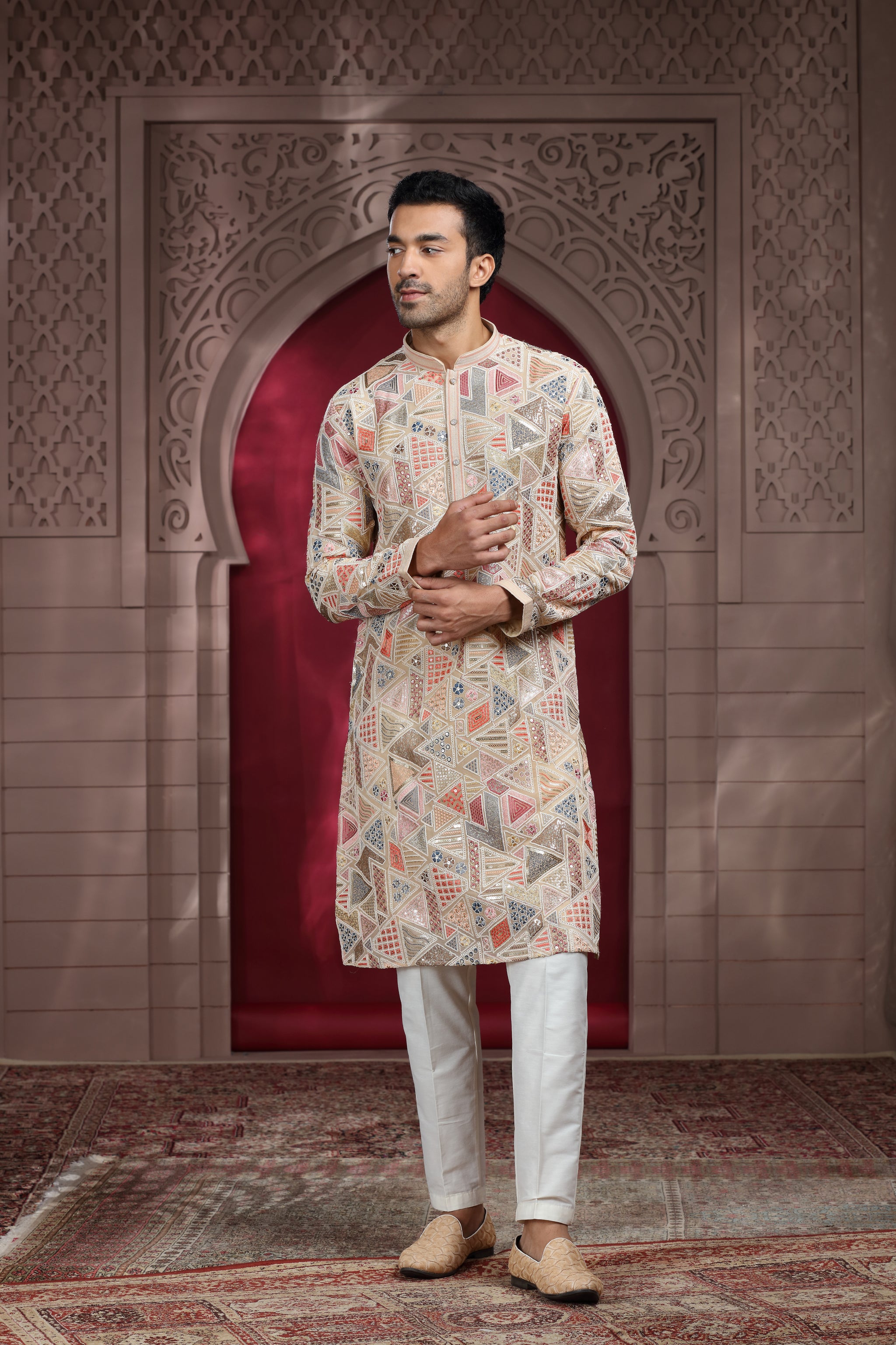 Buy Beige Silk Kurta Set with Aari & Resham Thread Embroidery | Shreeman