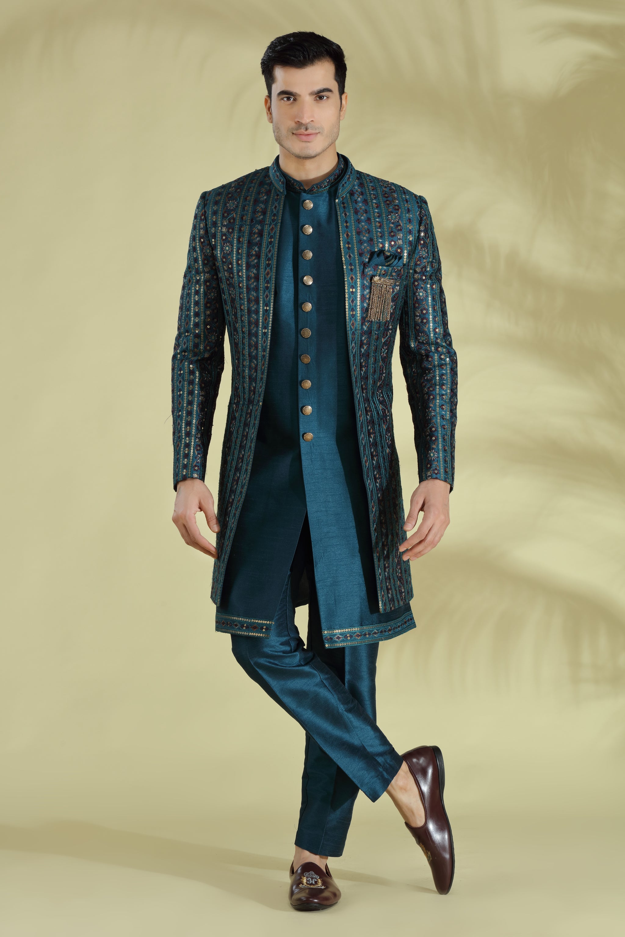 Peacock Green Jacket Set Embroidered With Traditional Motif in Sequins ...