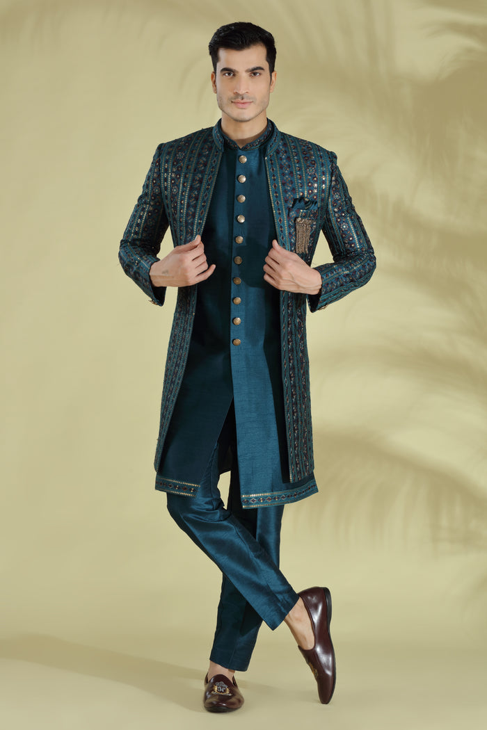 Peacock Green Jacket Set Embroidered With Traditional Motif in Sequins ...