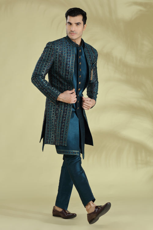 Peacock Green Jacket Set Embroidered With Traditional Motif in Sequins ...
