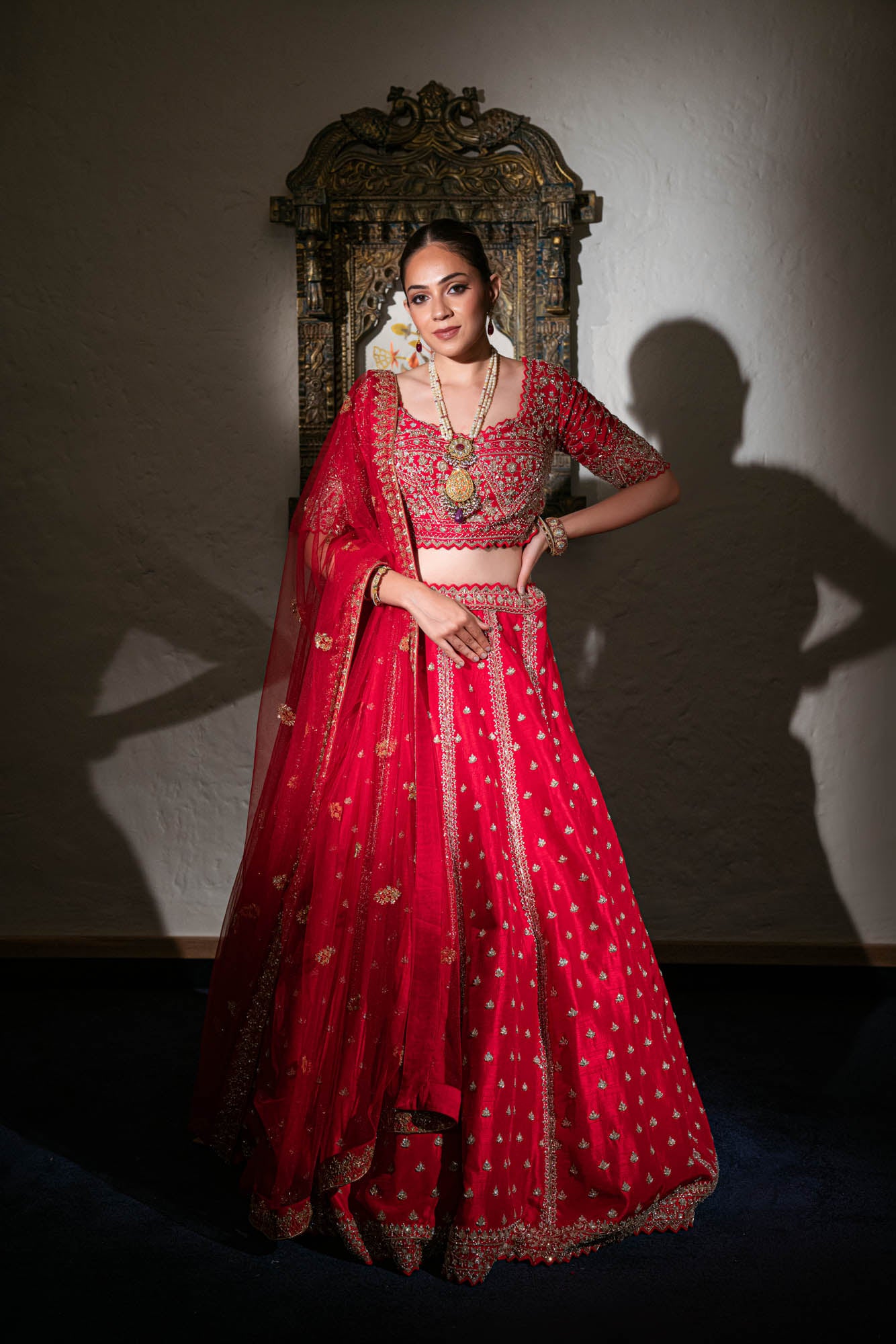 Red Raw Silk Zardosi, Cut Dana & Moti Work Lehenga | Shreeman