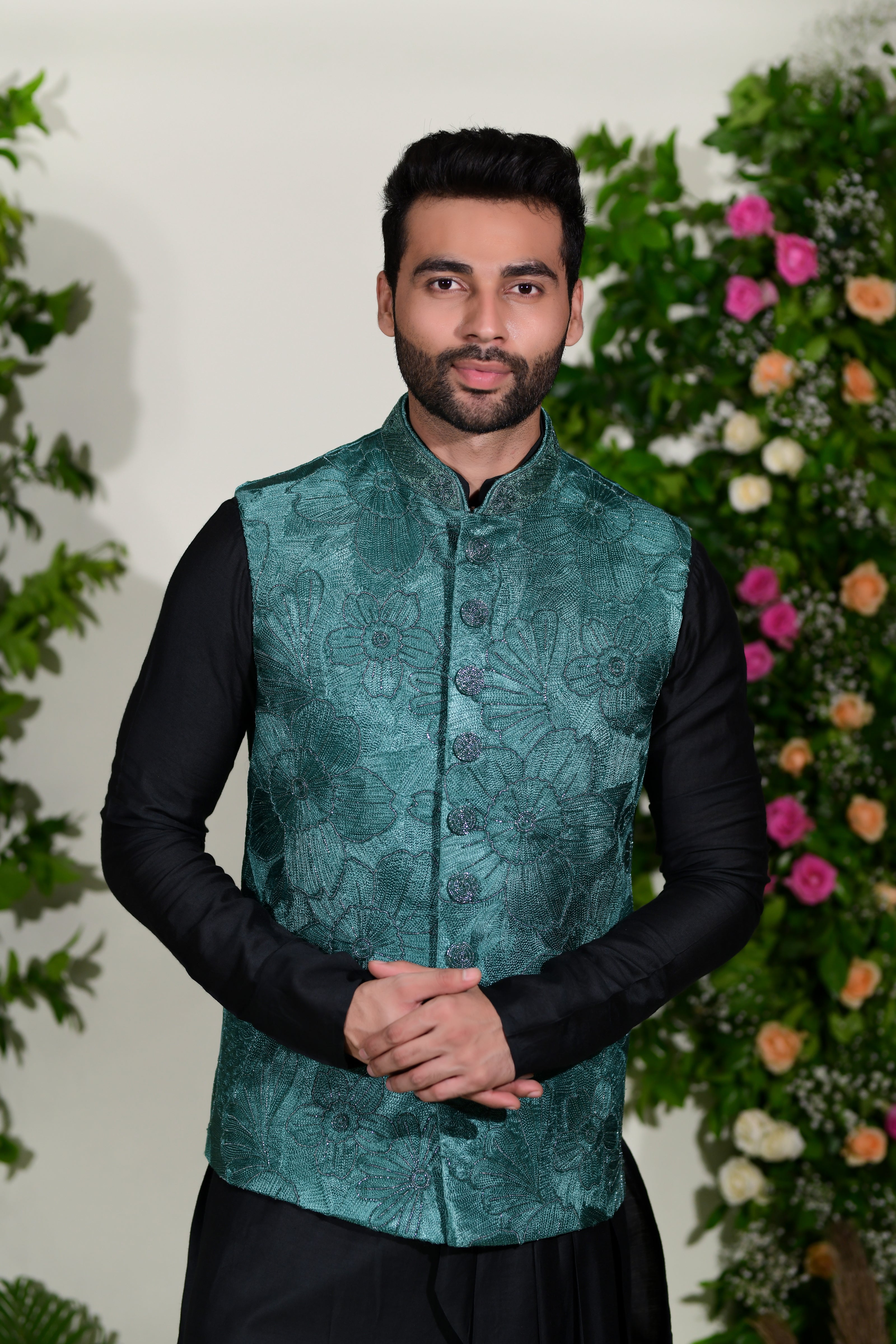 Buy Sea green jacket set in resham and zardoshi work with modern cuts ...
