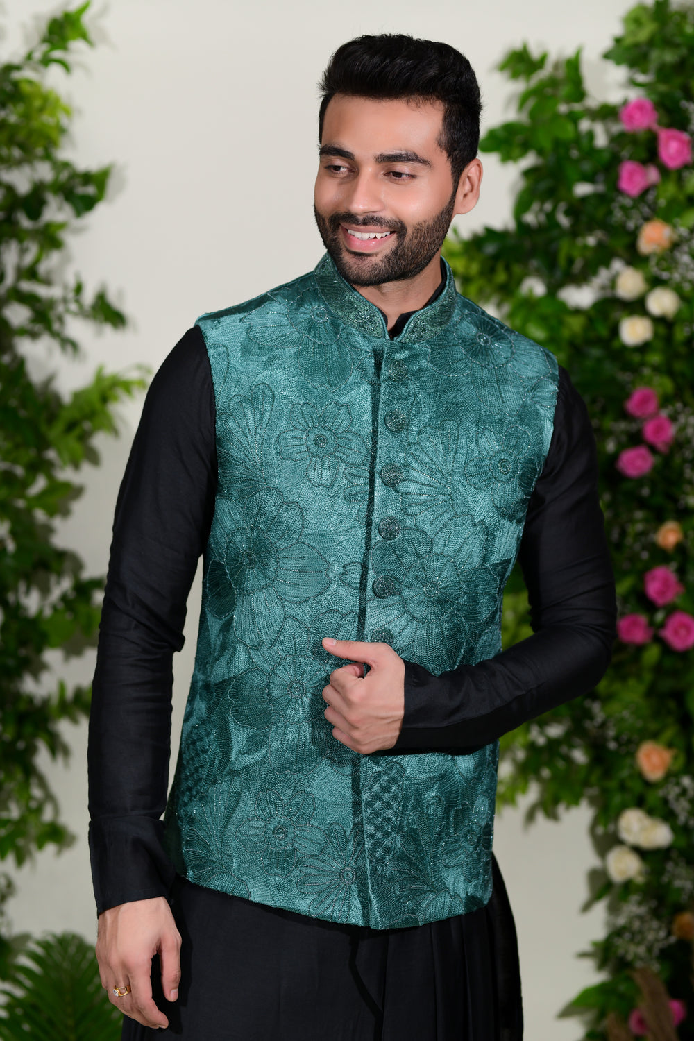 Buy Sea green jacket set in resham and zardoshi work with modern cuts ...