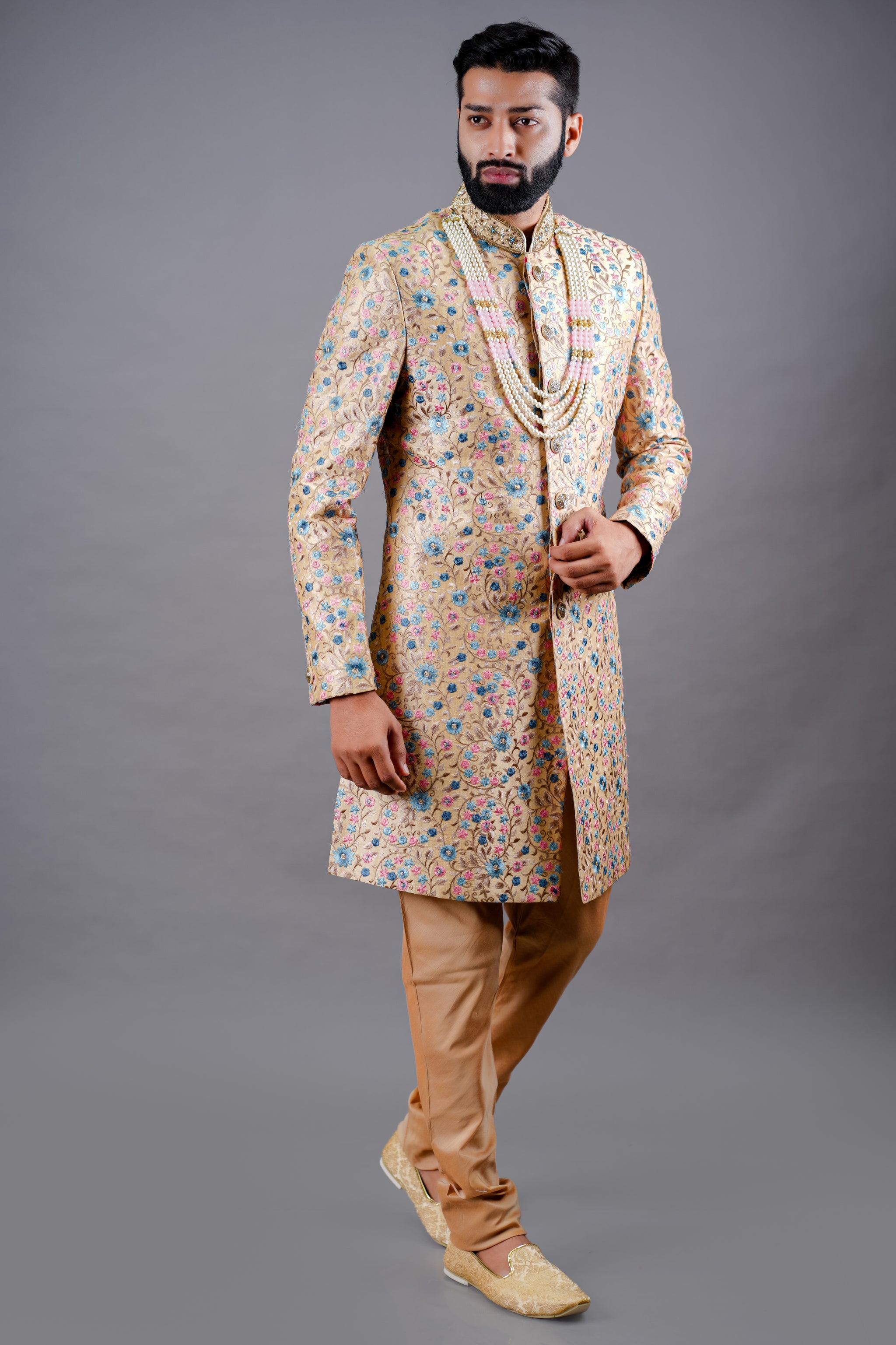 Beige Sherwani with multicolour embroidery