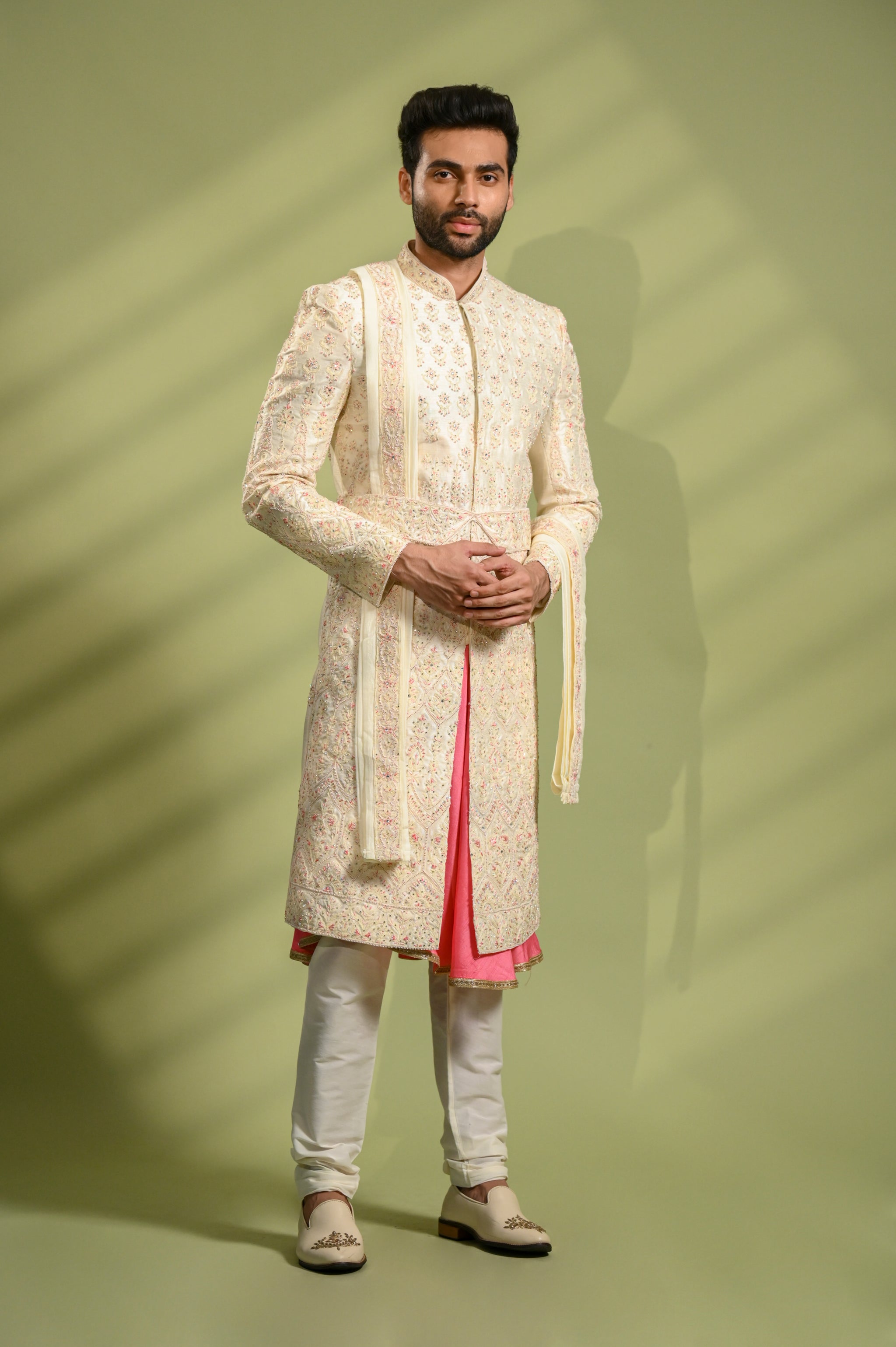 Cream Sherwani for Groom with Belt in Swarovski Work | Shreeman