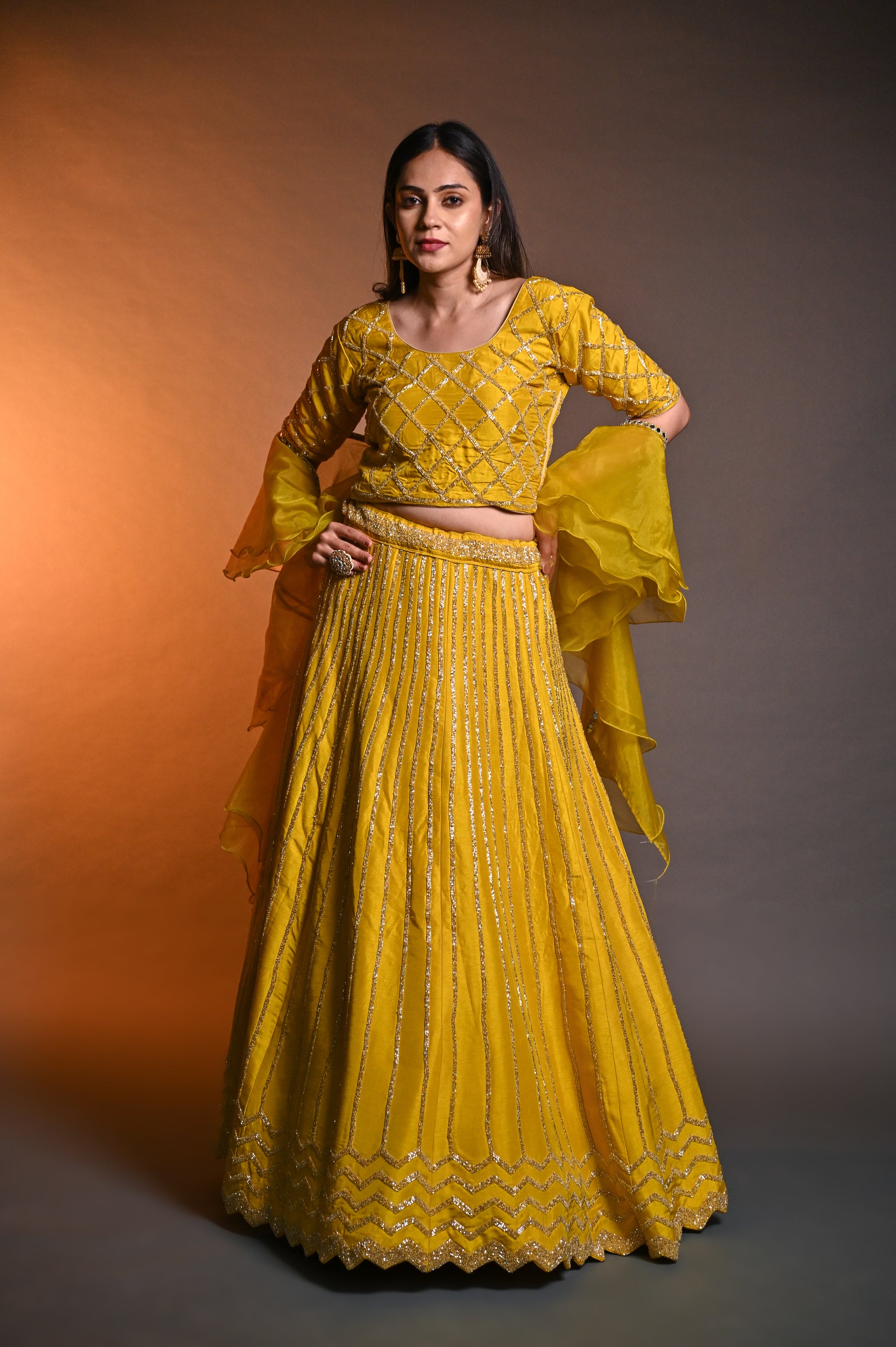 Buy Mustard Raw Silk Designer Lehenga Choli with Kasab Ari Work